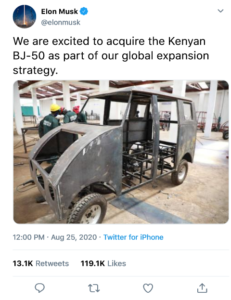 Laikipia Based Car Manufacturer BJ-50 Acquired by Elon Musk - PostaMate